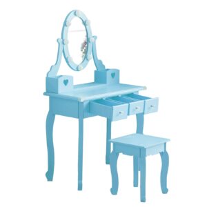 Princess Makeup Desk and Chair Set,Vanity Set with Mirror and Lights and Stool, 5 Storage Drawers, Pretend Play Princess Makeup Desk Dressing Table and Stool Set for Little Girls, Macaroon Blue