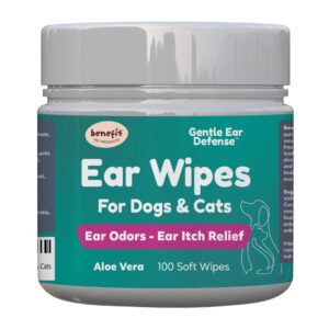 benefit pet products dog ear wipes - ear cleaner for dogs to prevent infections, itching & odor - aloe & eucalyptus, grooming wipes - 100 count