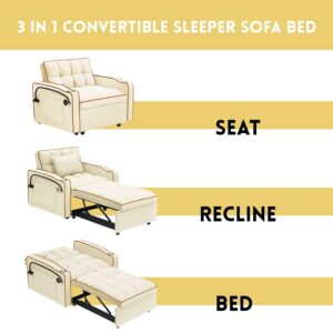 3 in 1 Sleeper Sofa Chair Bed,Velvet Convertible Sleeper Chair Bed,Pull Out Bed Chair With USB Port & Ashtray and Swivel Phone Stand & Storage Pockets,Modern Chair Sleeper Bed for Living Room