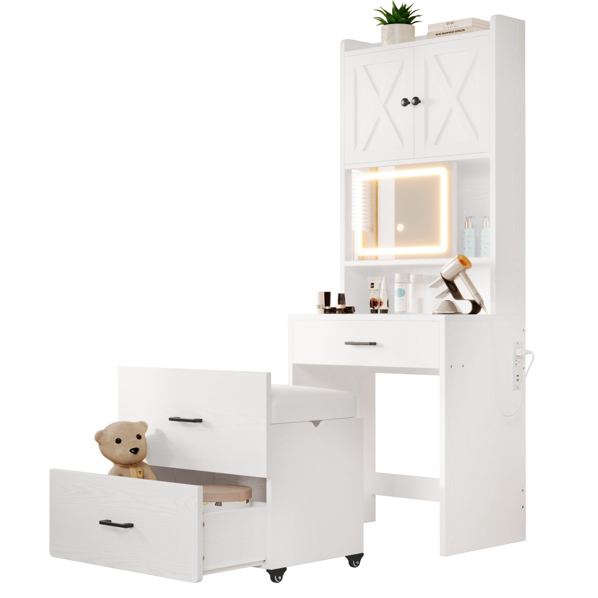 LIKIMIO Vanity Desk Set with Mirror and Light, Small Compact Makeup Vanity Desk with Drawers and Charging Station, with Hidden Storage and Comfortable Stool