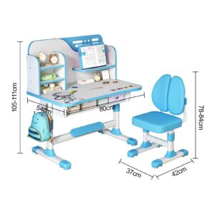 nawoefii Kids Desk and Chair Set, Height Adjustable Kids Study Table and Chair Set with Drawer, Kids Study Desk for Boys, Art Craft School Home Study, Spacious Desktop, Comfort Backrest(Blue-C)