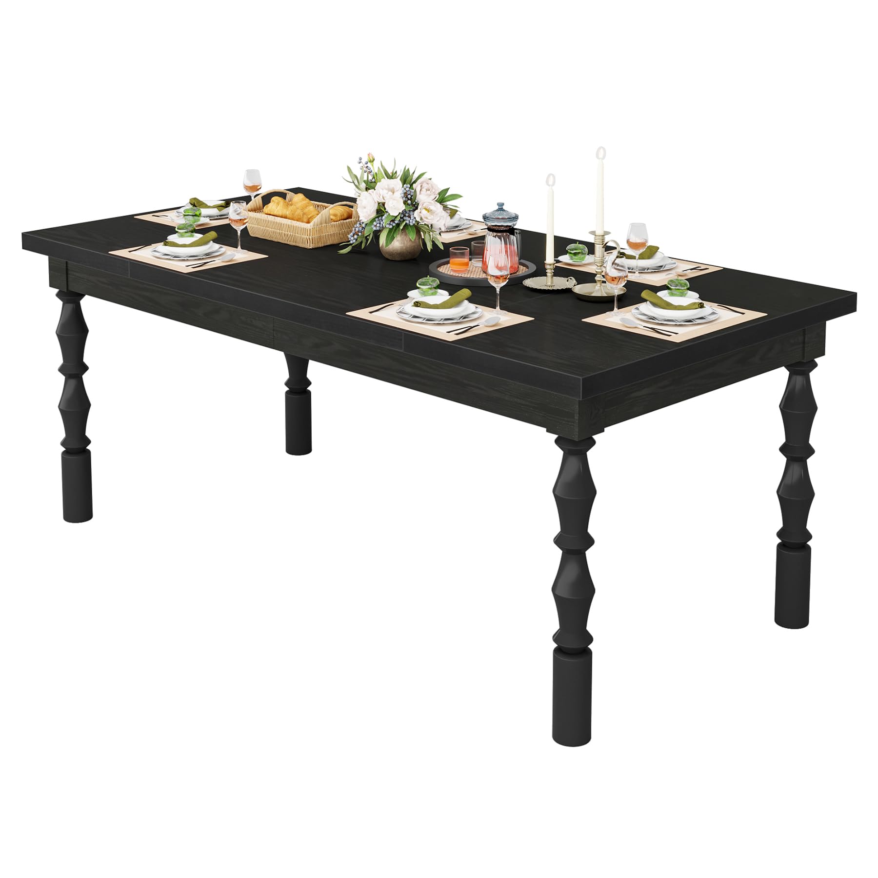 Tribesigns Wood Black Dining Table for 4-6 People, 62” Farmhouse Large Rectangle Kitchen Table, Modern Dinner Table Kitchen & Dining Room Furniture with Carved Turned Legs