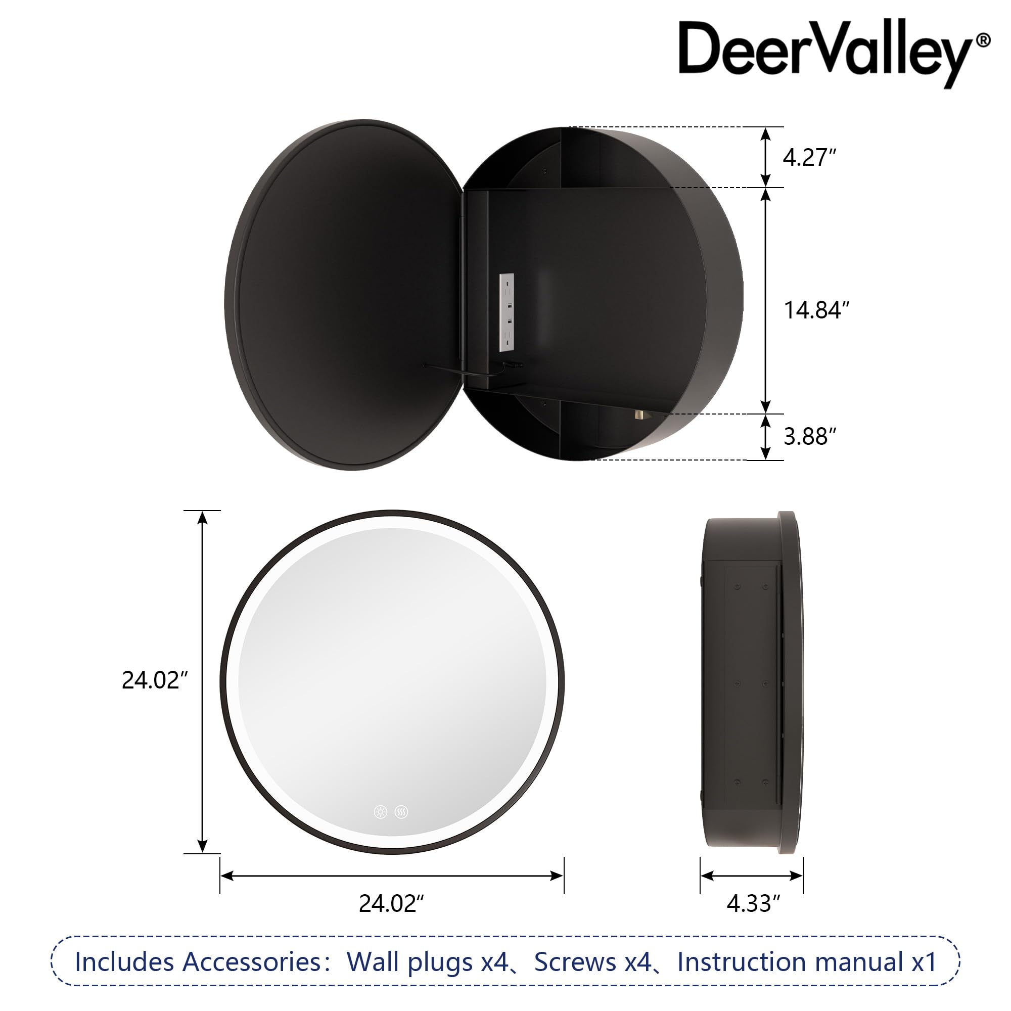 Deer Valley 24'' Round Medicine Cabinet with Mirror and Lights, Led Medicine Cabinet Mirror for Bathroom with Defogger, Metal Framed Electrical Outlet, Stepless Dimmable, Wall Mounted Medicine Cabinet