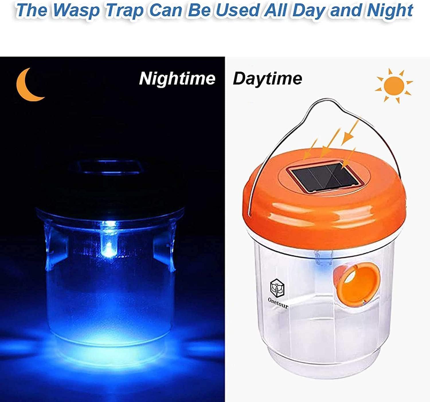 2 Pack Solar Wasp Traps, Solar Powered Wasp Killer Hanging with UV LED Light, Reusable Bee Trap Catcher Outdoor for Hornets, Yellow Jackets