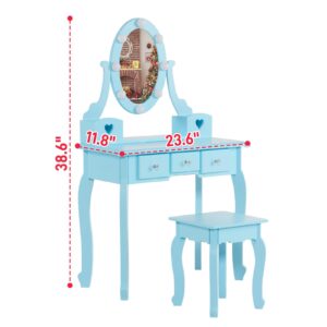 Princess Makeup Desk and Chair Set,Vanity Set with Mirror and Lights and Stool, 5 Storage Drawers, Pretend Play Princess Makeup Desk Dressing Table and Stool Set for Little Girls, Macaroon Blue