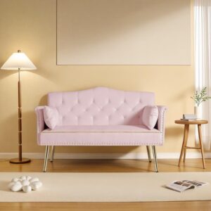 Auvsoce Upholstered Sofa Chair with Stylish Golden Decor,55-inch Modern Sofa Couch with 2 Side Pockets,Couch with Tufted Backrest for Living Room Bedroom Office (Pink)