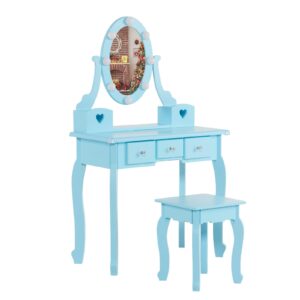 Princess Makeup Desk and Chair Set,Vanity Set with Mirror and Lights and Stool, 5 Storage Drawers, Pretend Play Princess Makeup Desk Dressing Table and Stool Set for Little Girls, Macaroon Blue