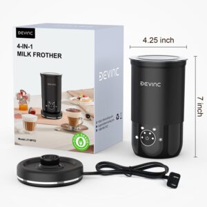 DEVINC Milk Frother, 4-in-1 Milk Frother and Steamer, Hot and Cold Foam Maker and Milk Warmer with Auto Shut-Off, Electric Frother for Coffee, Latte, Cappuccino, Matcha