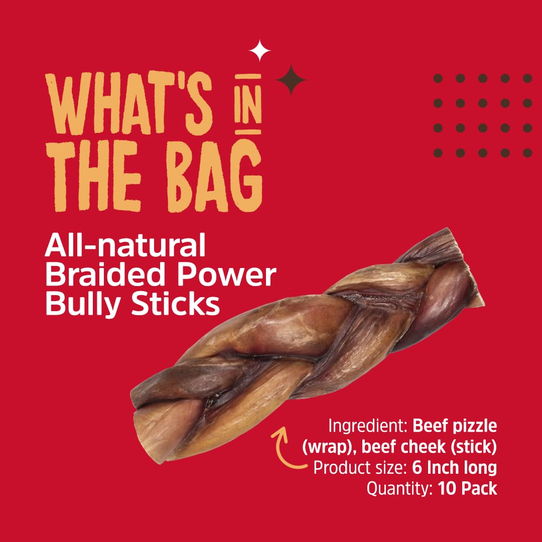 Dogfy Braided Power Bully Sticks Dog Chews (6”, 10-Pack), 2-in-1 Power Chews: Premium Beef Cheek Wrapped in Beef Pizzle, Braided Together for a Very Long Lasting Chew, Great for Medium Dogs