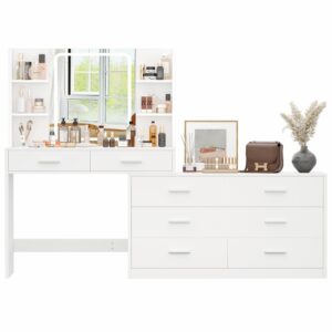 Irontar Vanity Desk with Lighted Mirror and 3-Color LED Strip, Makeup Vanity Table with 8 Drawers & 4 Open Shelves, Side Cabinet with Width Adjustable, Makeup Desk for Women, White WDT011W