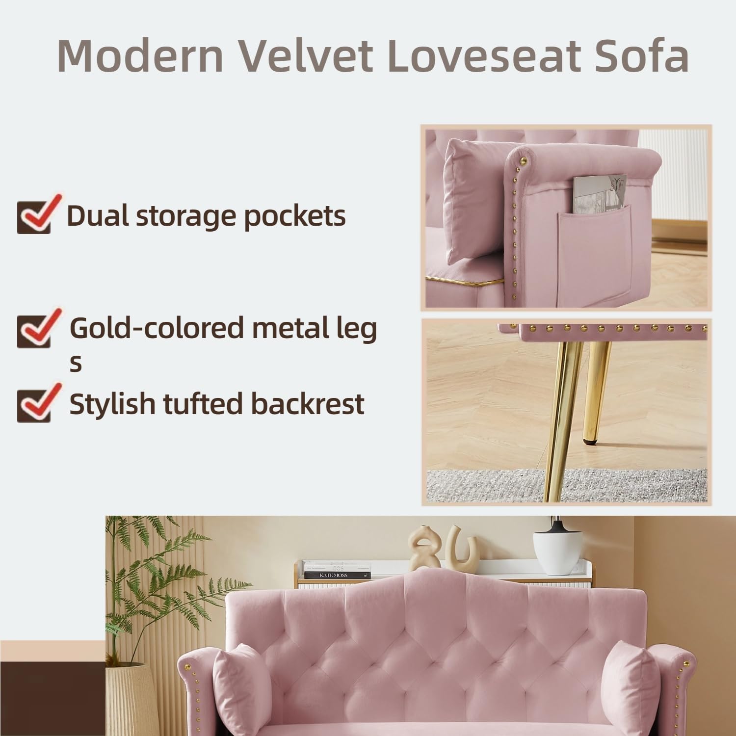 Auvsoce Upholstered Sofa Chair with Stylish Golden Decor,55-inch Modern Sofa Couch with 2 Side Pockets,Couch with Tufted Backrest for Living Room Bedroom Office (Pink)