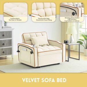 3 in 1 Sleeper Sofa Chair Bed,Velvet Convertible Sleeper Chair Bed,Pull Out Bed Chair With USB Port & Ashtray and Swivel Phone Stand & Storage Pockets,Modern Chair Sleeper Bed for Living Room