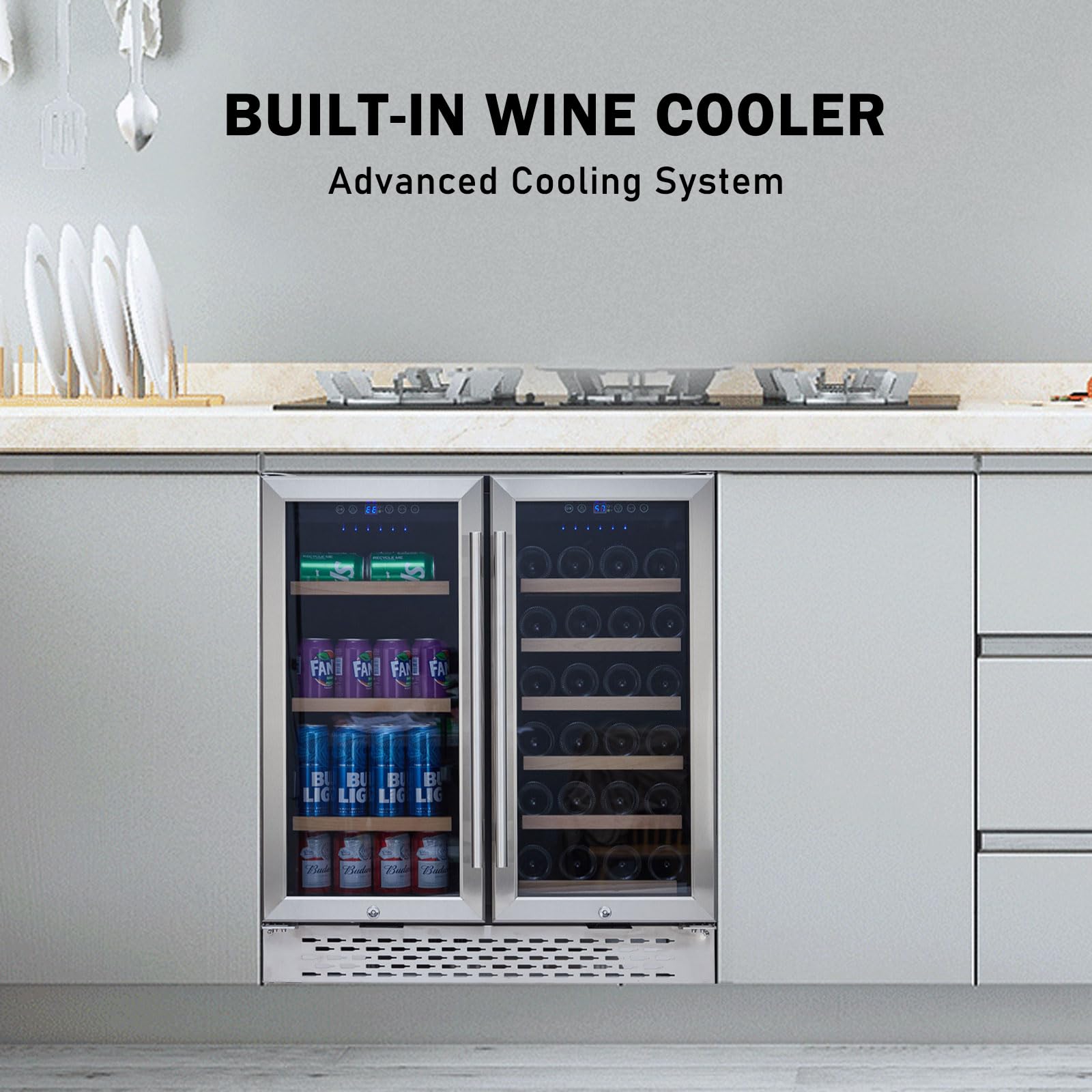 MilleLoom 6.5 cu.ft Wine and Beverage Refrigerator - 28 Bottles and 80 Cans, Dual Zone, Glass Door, Adjustable Shelves, with Lock, Digital Temperature Control, Freestanding/Built-in