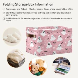 DALAWU Fabric Storage Boxes with Leather Handle, Set of 2, Halloween Ghosts Stars Waterproof Collapsible Canvas Organiser Cubes Bins for Toys Clothes Shelves Closet Household Organizer