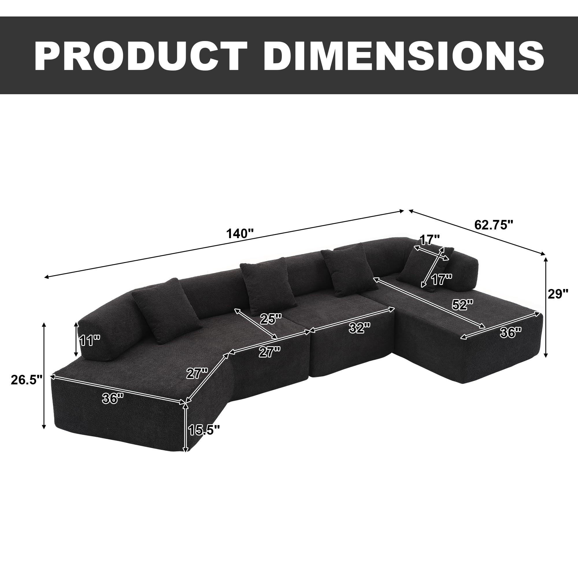 140" Oversize Sponge L-Shape Couch,Boucle Fabric 4-Seater Sofa with Chaise,Free Combination Foam-Filled Sofa for Living Room (Black, 140" Sponge Sofa)