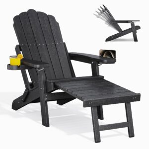 ahomly adjustable backrest adirondack chair with ottoman & 2 cup holders, hips all-weather folding adjustable adirondack chair, for outdoor, beach, pool, porch, lawn, black