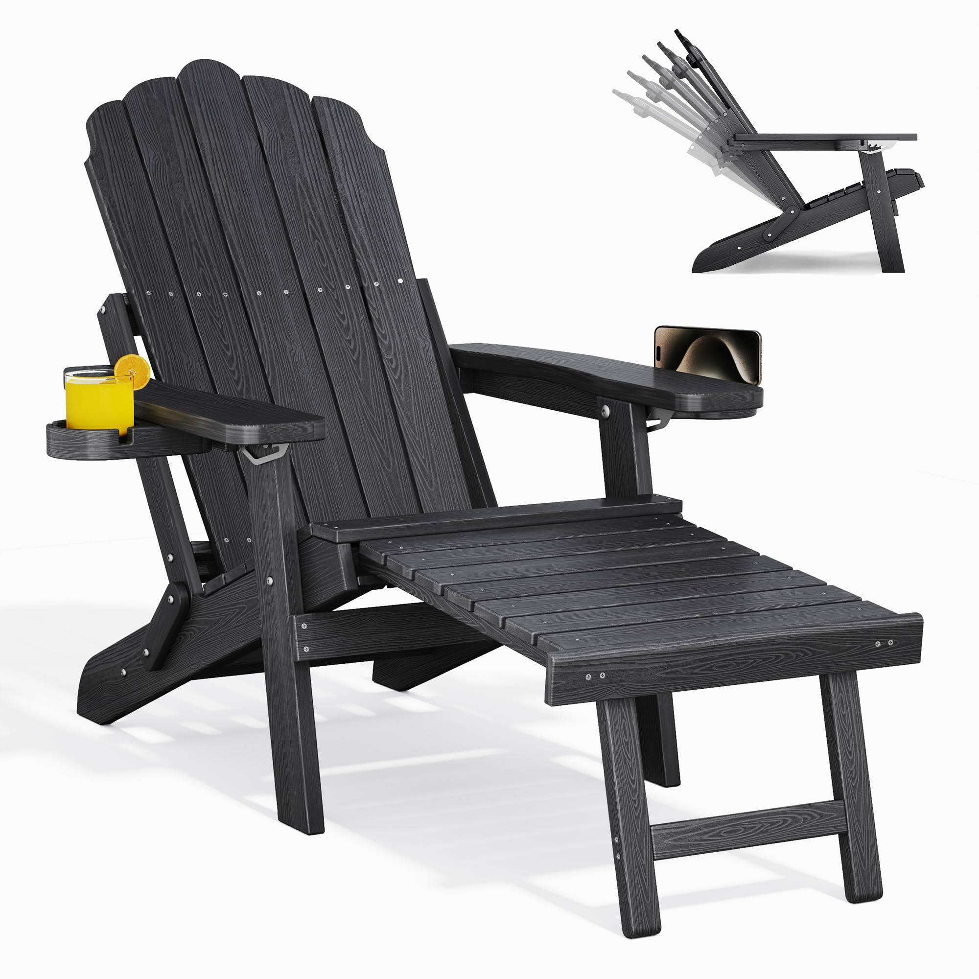 Ahomly Adjustable Backrest Adirondack Chair with Ottoman & 2 Cup Holders, HIPS All-Weather Folding Adjustable Adirondack Chair, for Outdoor, Beach, Pool, Porch, Lawn, Black