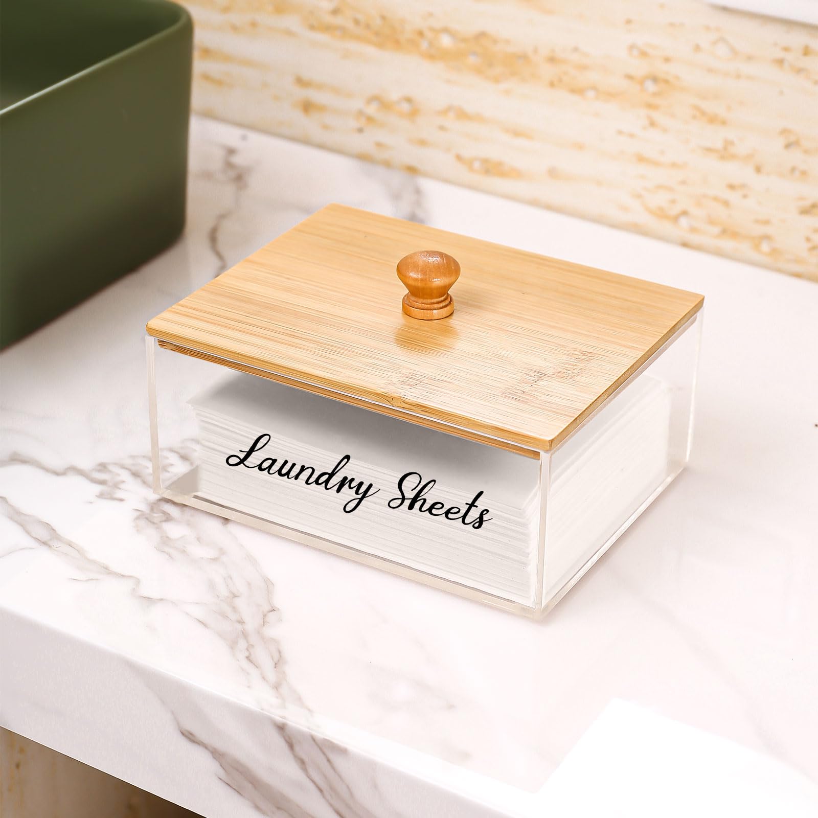 VOTLEVT Laundry Detergent Sheets Holder with Bamboo Lid, Acrylic Laundry Sheets Holder Container, Laundry Room Organization and Storage