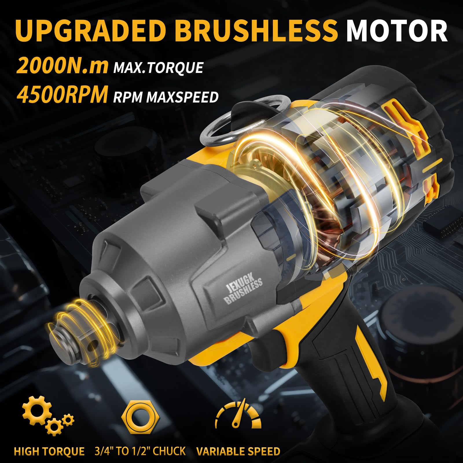 JEXUGK 2000Nm Cordless Impact Gun, 3/4" To 1/2" 2 x 6.0AH Battery Heavy High Torque Impact Wrench, 1500Ft-lbs Brushless Eléctrica Pistola de Impacto, Power Llave de Impacto for Truck Mower Car Repair