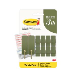 command mixed hooks pack, 10 sage hooks, 12 strips (2 medium hooks, 8 spring clips), wall hooks for hanging christmas decorations