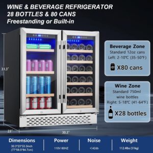 MilleLoom 6.5 cu.ft Wine and Beverage Refrigerator - 28 Bottles and 80 Cans, Dual Zone, Glass Door, Adjustable Shelves, with Lock, Digital Temperature Control, Freestanding/Built-in