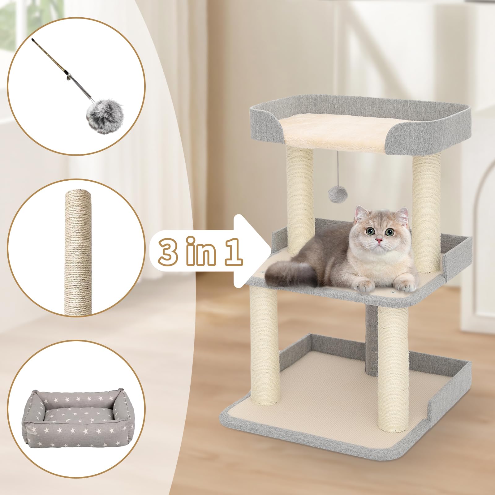 Durable Cat Scratching Post with Bed, Multi-Level 27.56in Cat Tree with Scratching Posts of Natural Sisal, All-Season Cat Tree for Indoor Large Cats, Kittens (Grey)