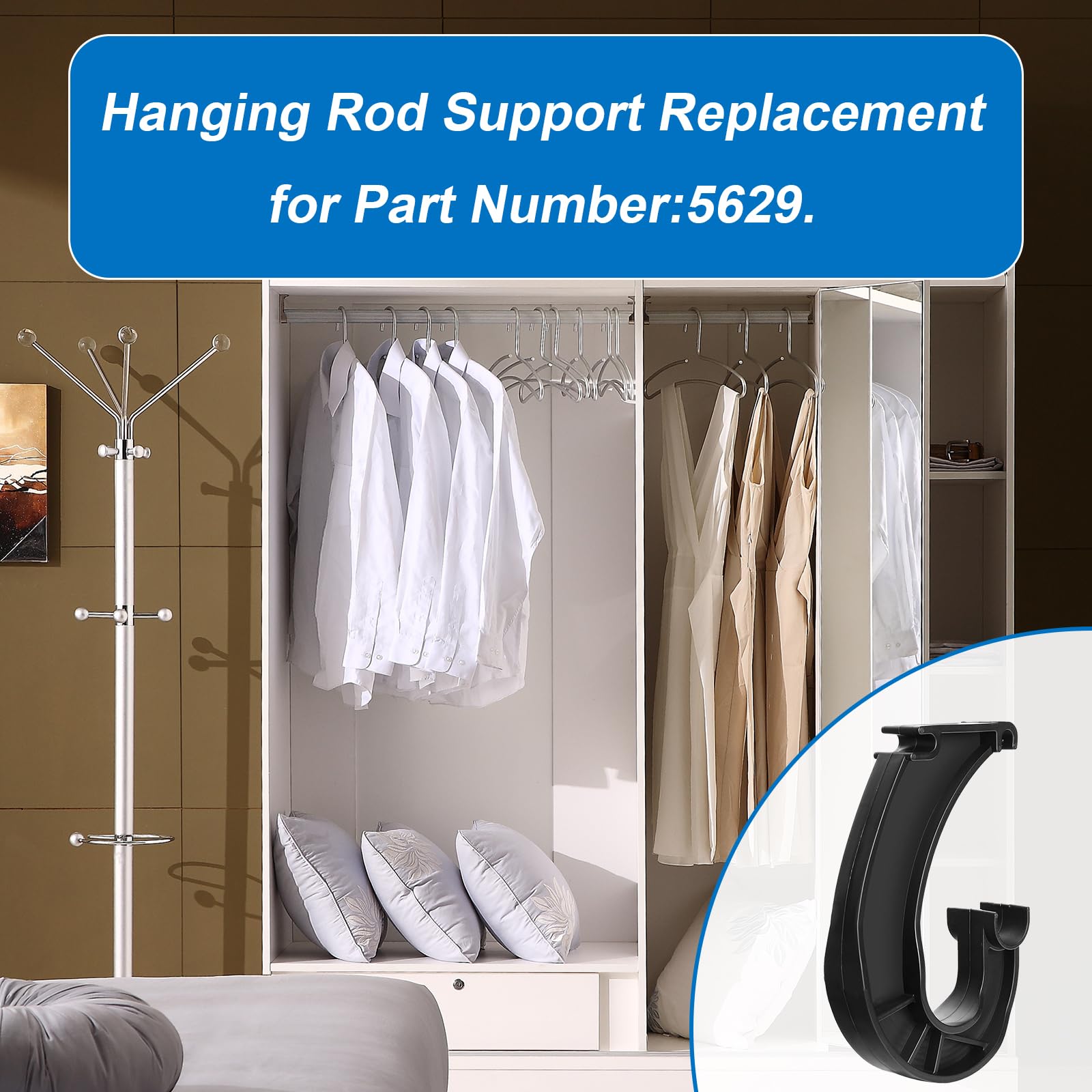 4Pack Hanging Rod Support，3/4Closet Shelf Rod Holder , J-Shaped Closet Brackets forHanging Clothes,Cabinets Storage 5629 (4pack White)