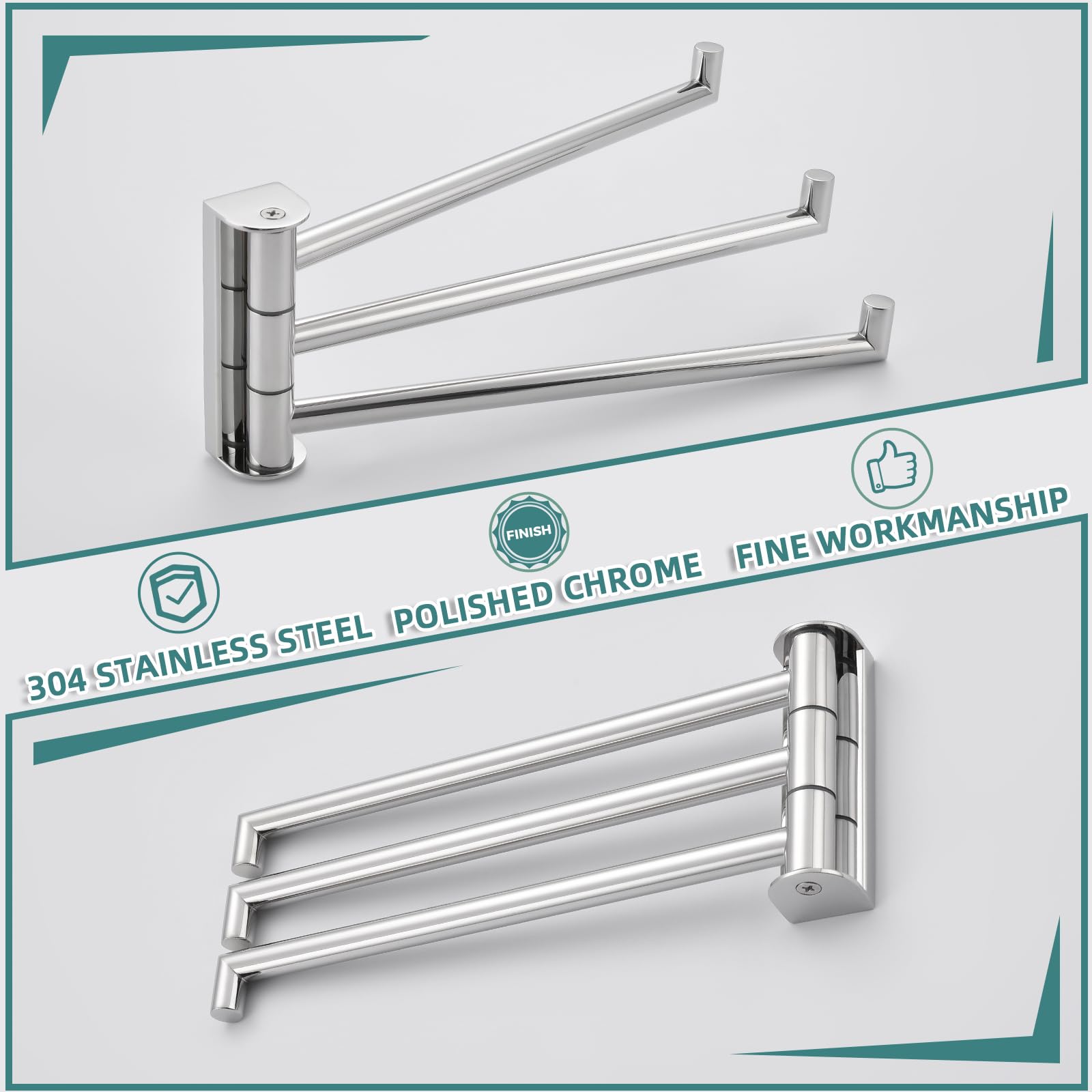 APLusee Polished Chrome Swivel Towel Bar, 304 Stainless Steel Foldable Towel Holder with 3 Arms, Wall Mounted