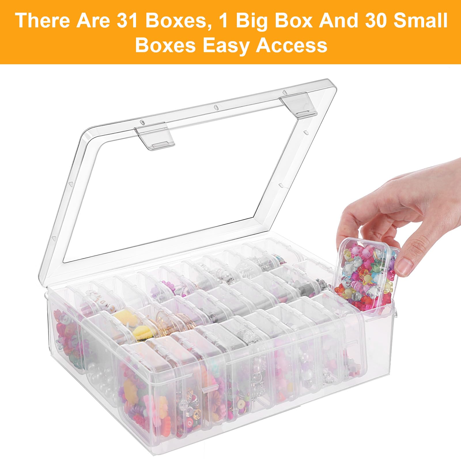 30 PCS Bead Organizer Box, Small Clear Plastic Bead Storage Containers, 1 Craft Storage Box with Hinged Lid, Mini Box for Jewelry Making DIY Bracelets Beading Nails Screws Seeds Small Parts