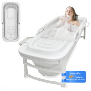 serenelife freestanding portable bathtub spa set – large 59" foldable bath, cushion, stretchable drain pipe, massager rollers, cleaning spray & storage bag