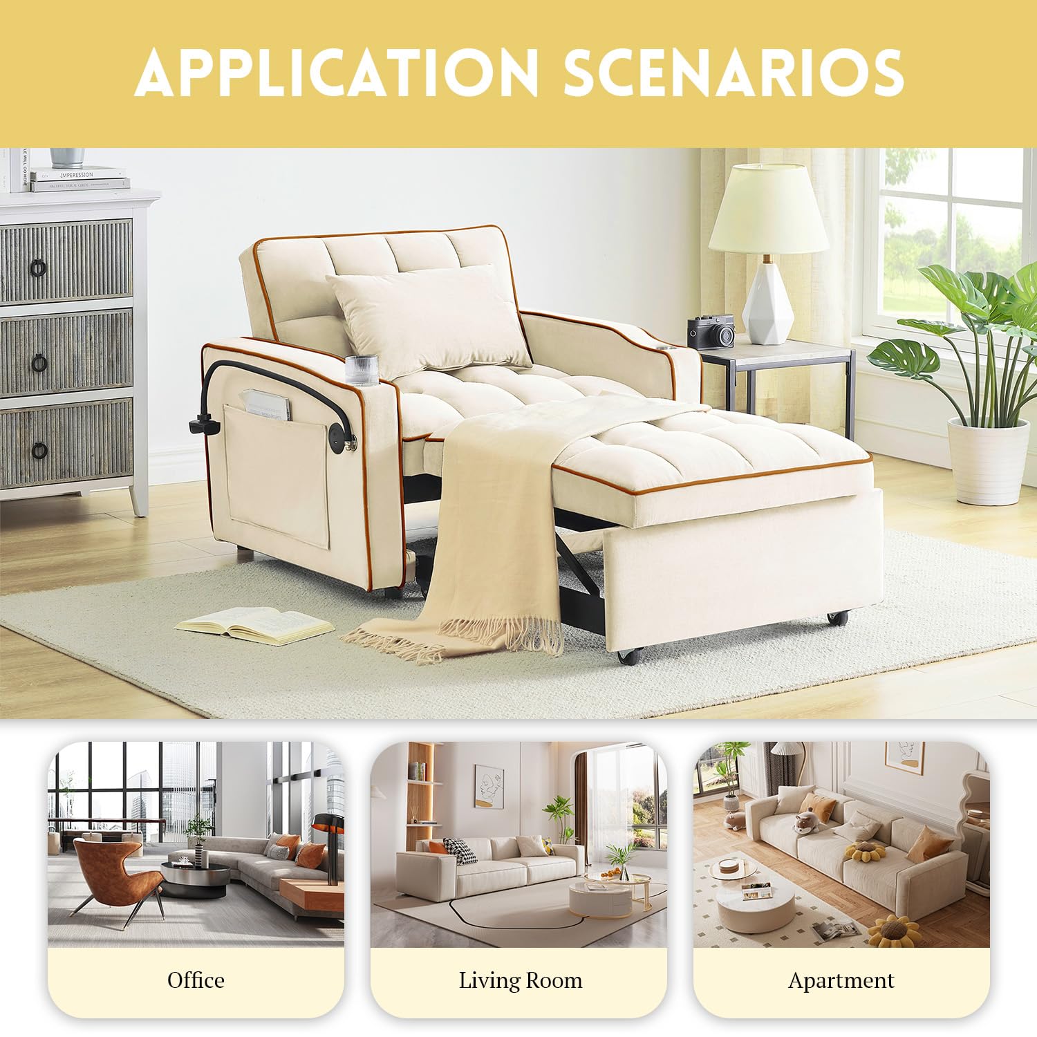 3 in 1 Sleeper Sofa Chair Bed,Velvet Convertible Sleeper Chair Bed,Pull Out Bed Chair With USB Port & Ashtray and Swivel Phone Stand & Storage Pockets,Modern Chair Sleeper Bed for Living Room