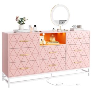 garveehome pink dresser for bedroom with 8 deep drawer, 59" tv dresser wooden large long dresser with power outlet and led lights, modern chest of drawers storage organizer for living room, hallway