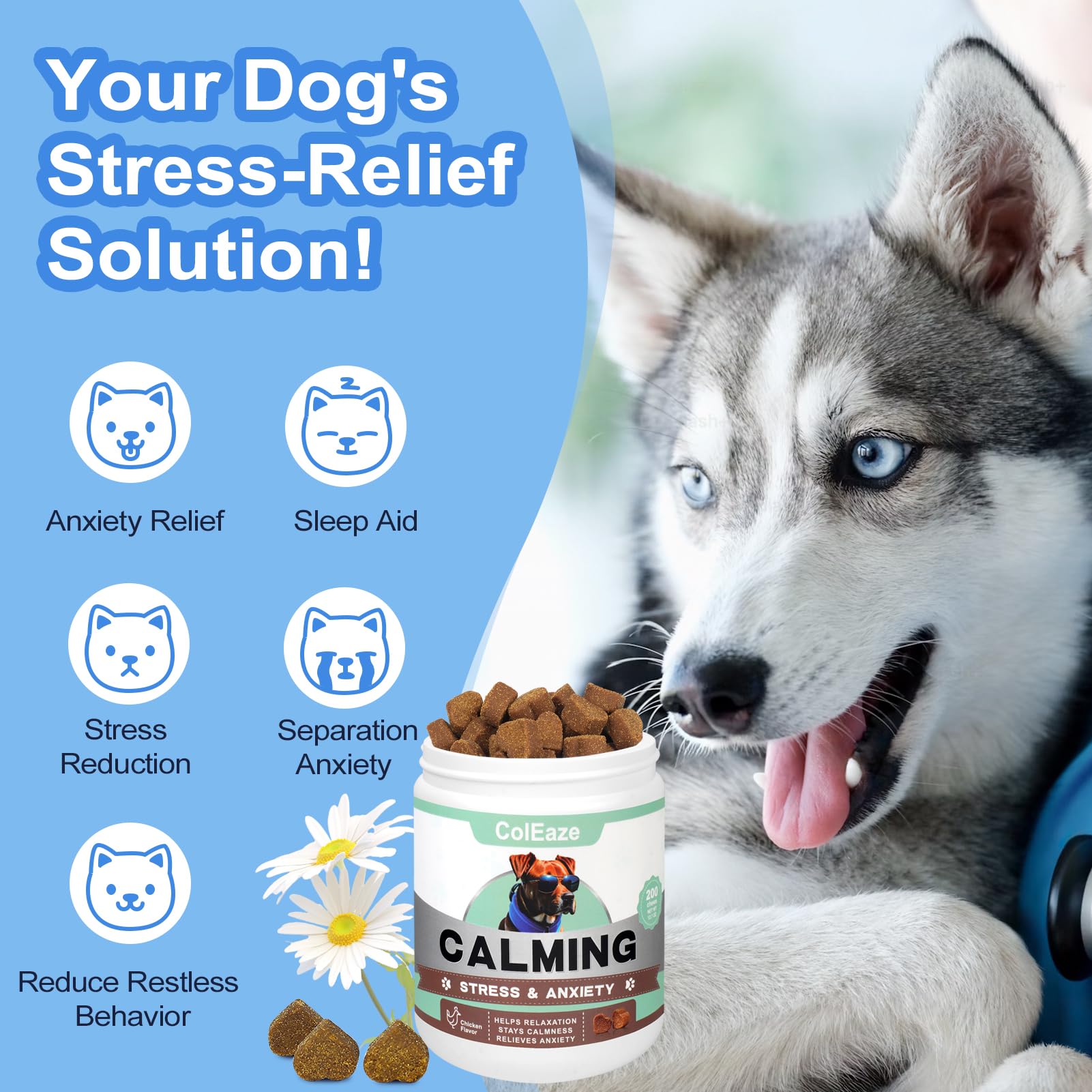 ColEaze Dog Calming Chews, 200 Count Dog Calming Treats, Anxiety Relief for Dogs, Sleep Calming Aid, Health & Wellness Supplements for Dog Separation Barking, Chicken Liver Flavor