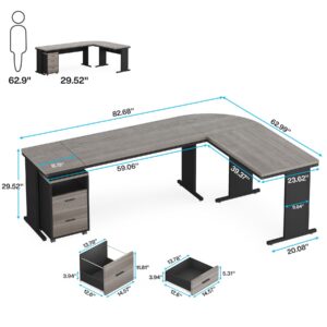 Tribesigns 83 Inch L-Shaped Office Desk, Large Executive Computer Desk with 3-Drawer File Cabinet, Industrial Corner Desk with Storage Drawers, Business Furniture Work Desk for Home Office (Gray)