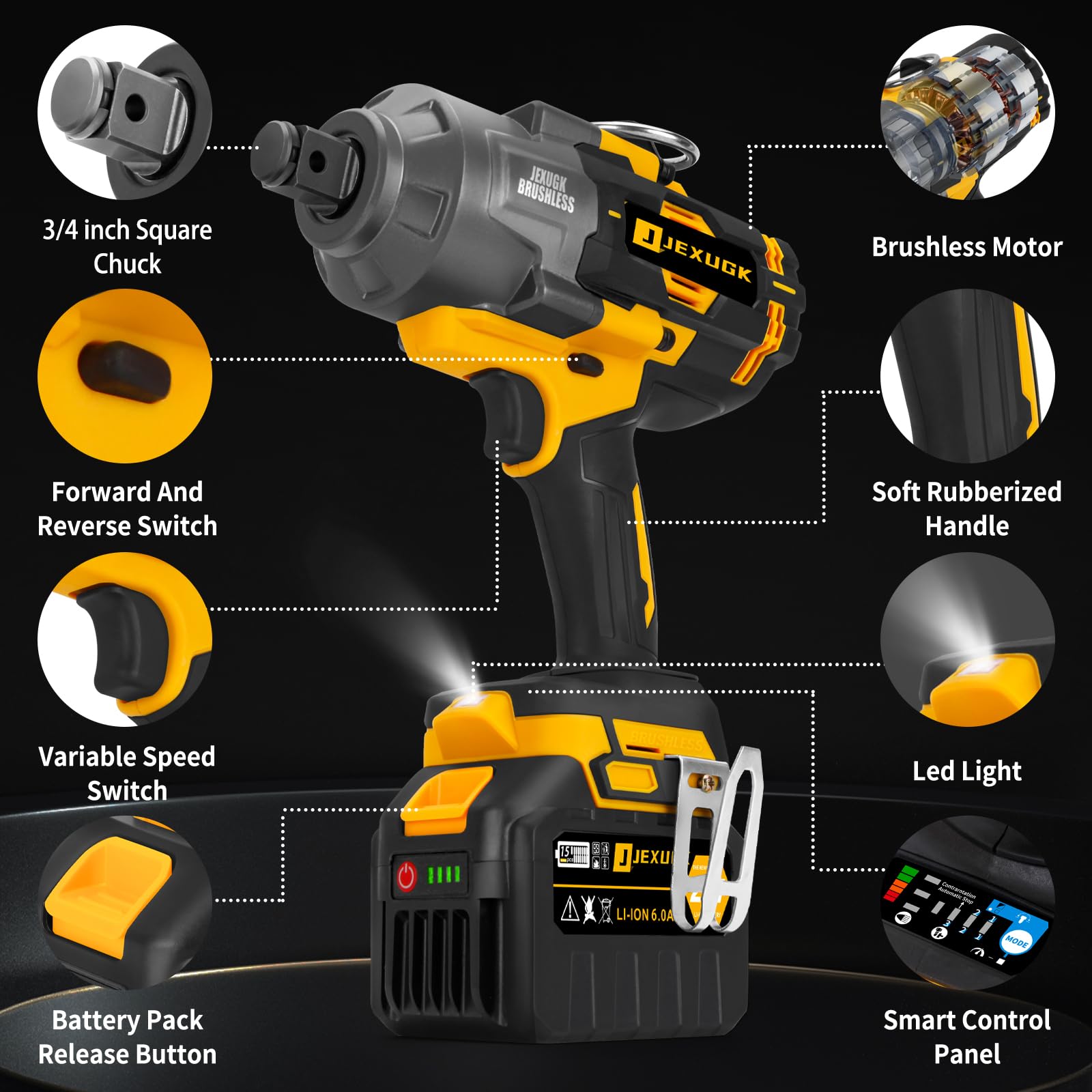 JEXUGK 2000Nm Cordless Impact Gun, 3/4" To 1/2" 2 x 6.0AH Battery Heavy High Torque Impact Wrench, 1500Ft-lbs Brushless Eléctrica Pistola de Impacto, Power Llave de Impacto for Truck Mower Car Repair