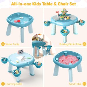 DOREROOM Kids Table and Chair, Kids Multi-Activity Table with Double-Side Tabletop, Toddler Table and Chair Set for Ages Over 1, Block Table with Storage, Toddler Activity Table for Daycare (Blue)