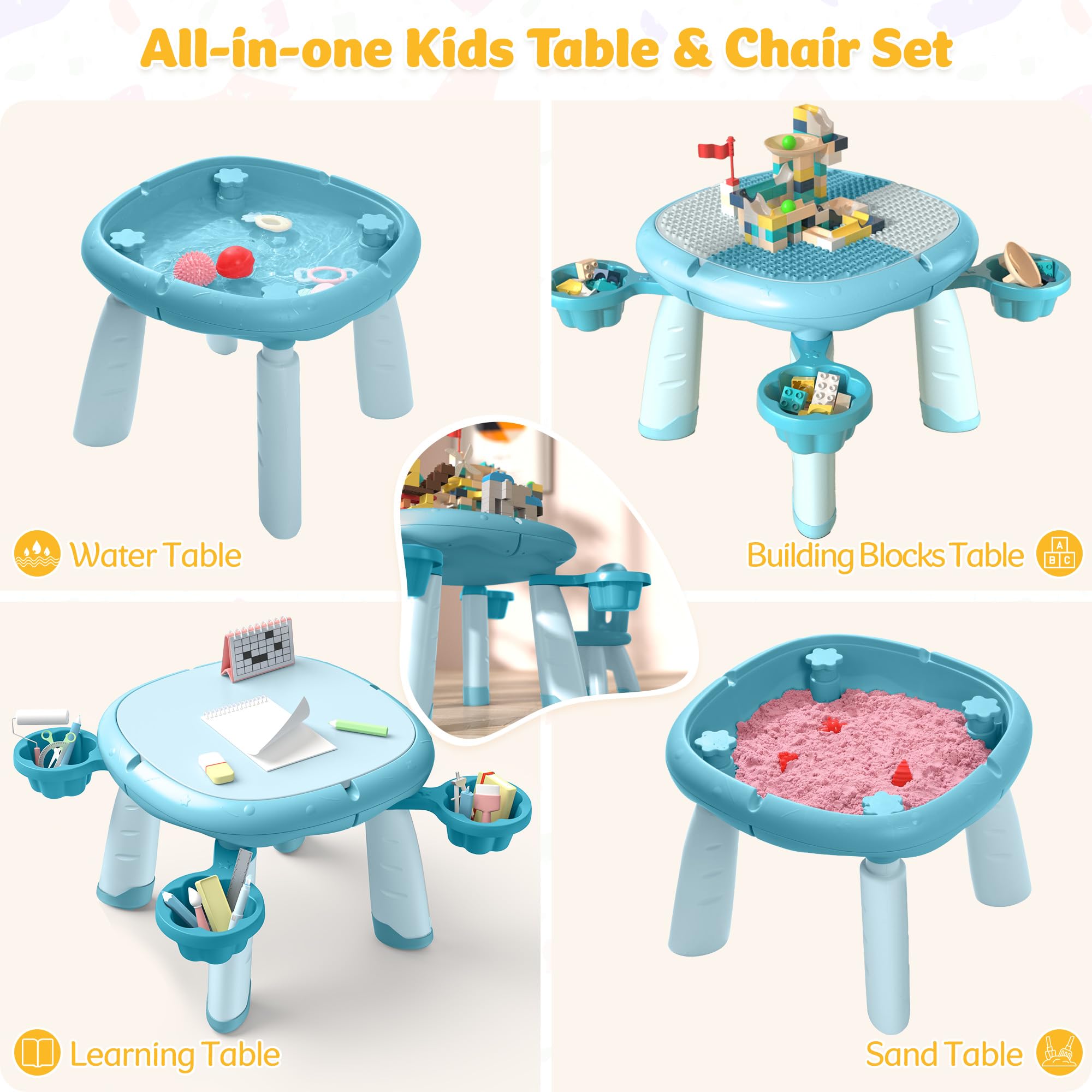 DOREROOM Kids Table and Chair, Kids Multi-Activity Table with Double-Side Tabletop, Toddler Table and Chair Set for Ages Over 1, Block Table with Storage, Toddler Activity Table for Daycare (Blue)