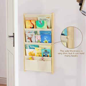 Wood 4-Tier Wall Mounted Kids Bookshelf – Floating Book Shelf For Kids Rooms,Nursery & Classroom, Hanging Bookcase Organizer For Books, Nursery Shelves, Toddler Book Shelf, Montessori Bookshelf