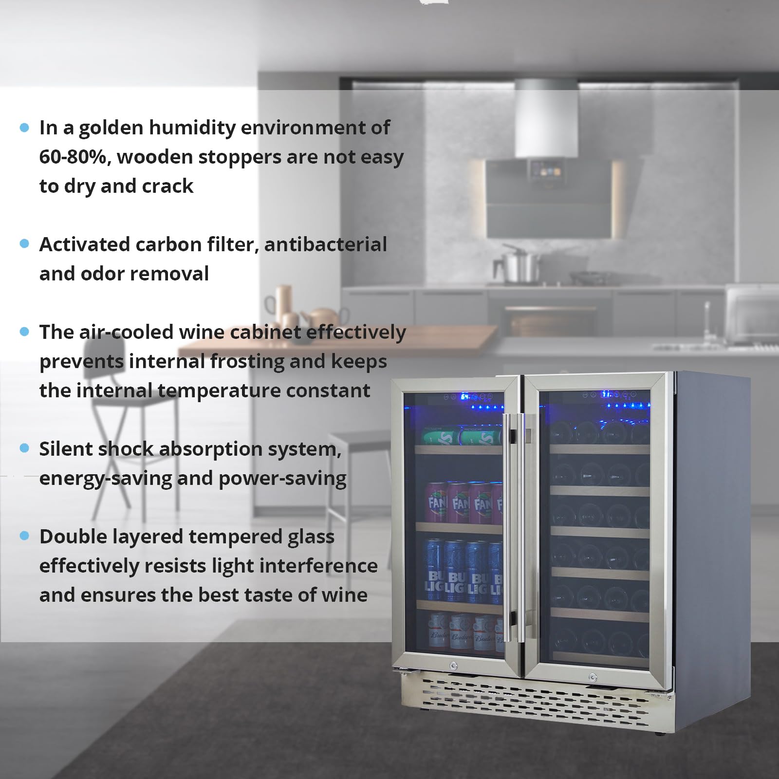 MilleLoom 6.5 cu.ft Wine and Beverage Refrigerator - 28 Bottles and 80 Cans, Dual Zone, Glass Door, Adjustable Shelves, with Lock, Digital Temperature Control, Freestanding/Built-in