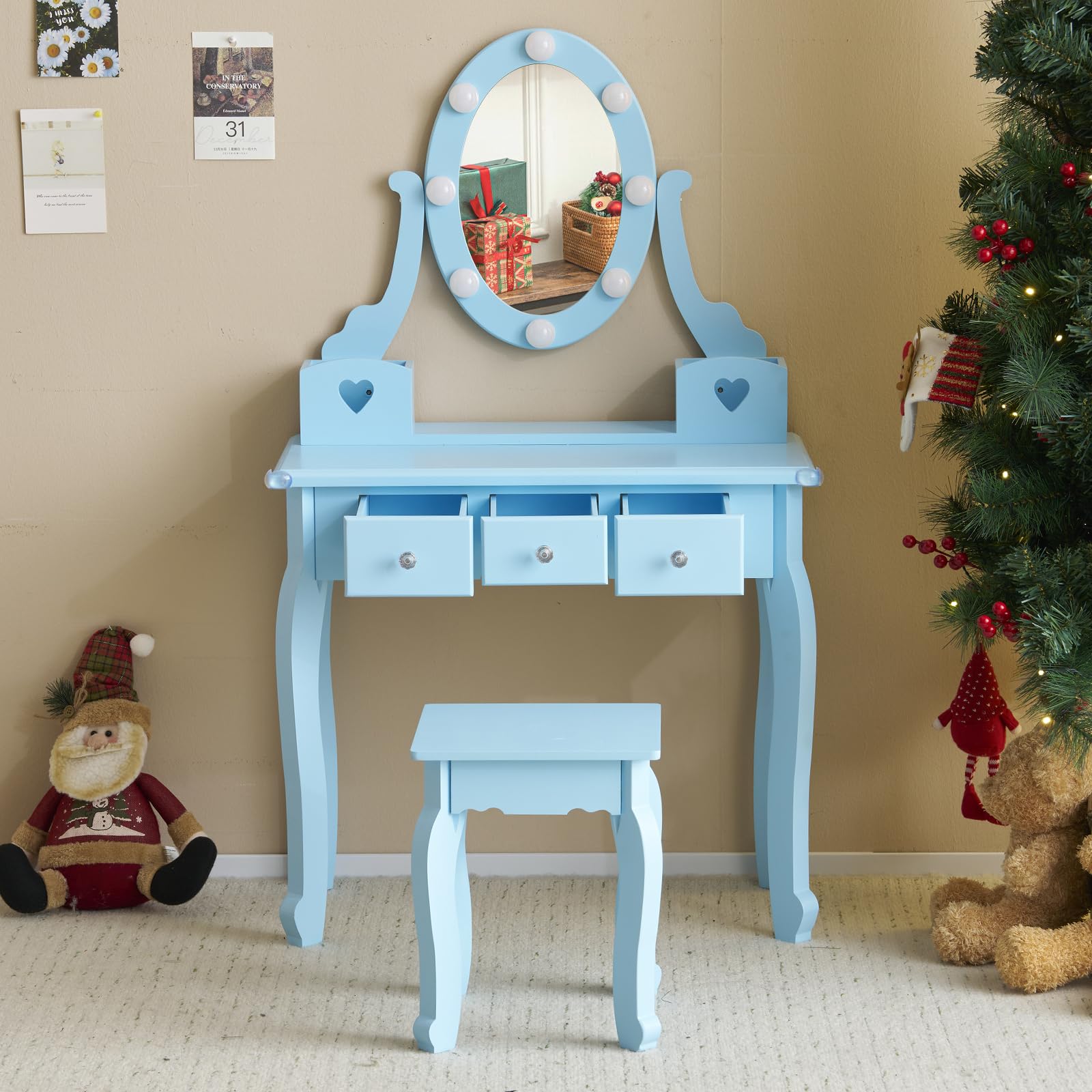 Princess Makeup Desk and Chair Set,Vanity Set with Mirror and Lights and Stool, 5 Storage Drawers, Pretend Play Princess Makeup Desk Dressing Table and Stool Set for Little Girls, Macaroon Blue