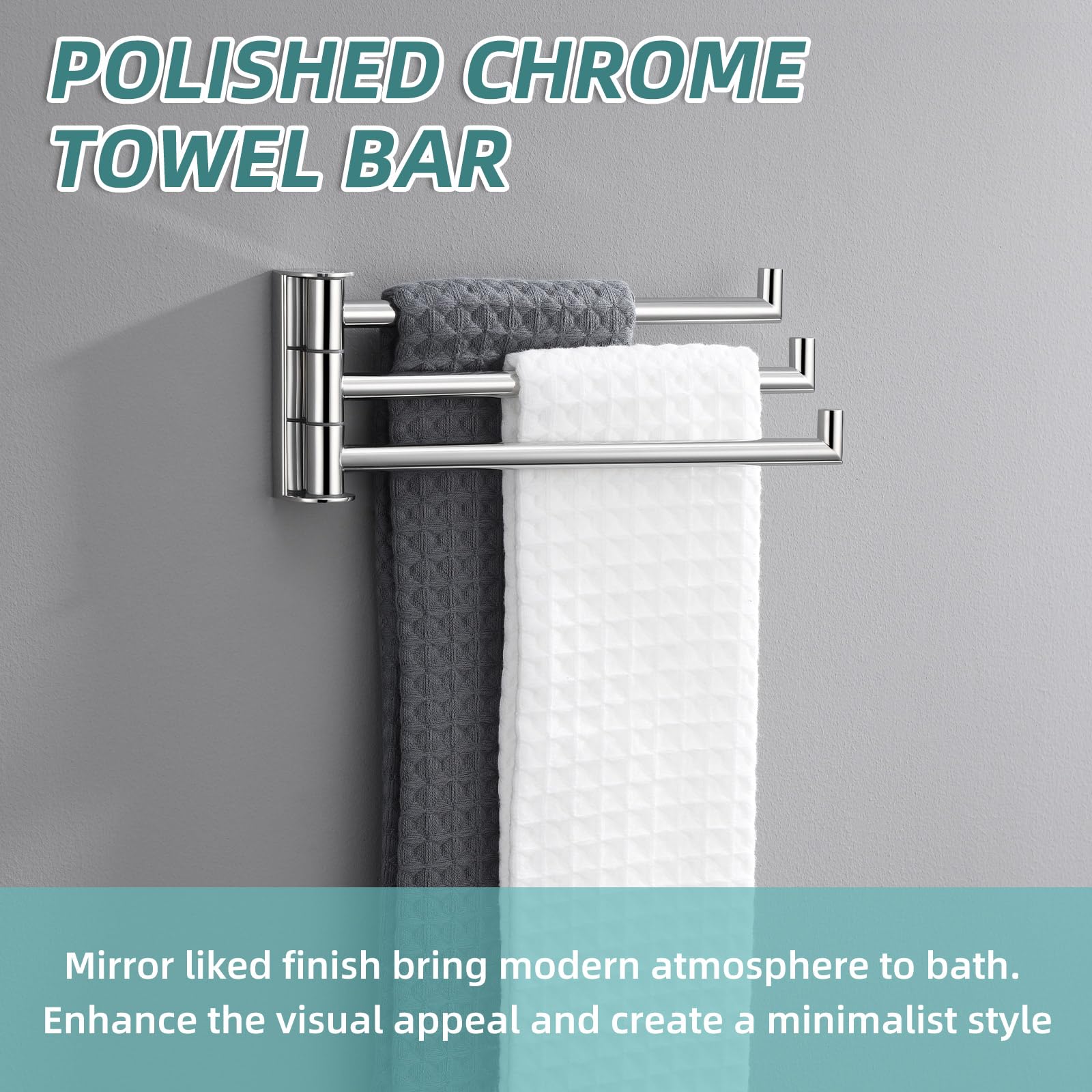 APLusee Polished Chrome Swivel Towel Bar, 304 Stainless Steel Foldable Towel Holder with 3 Arms, Wall Mounted