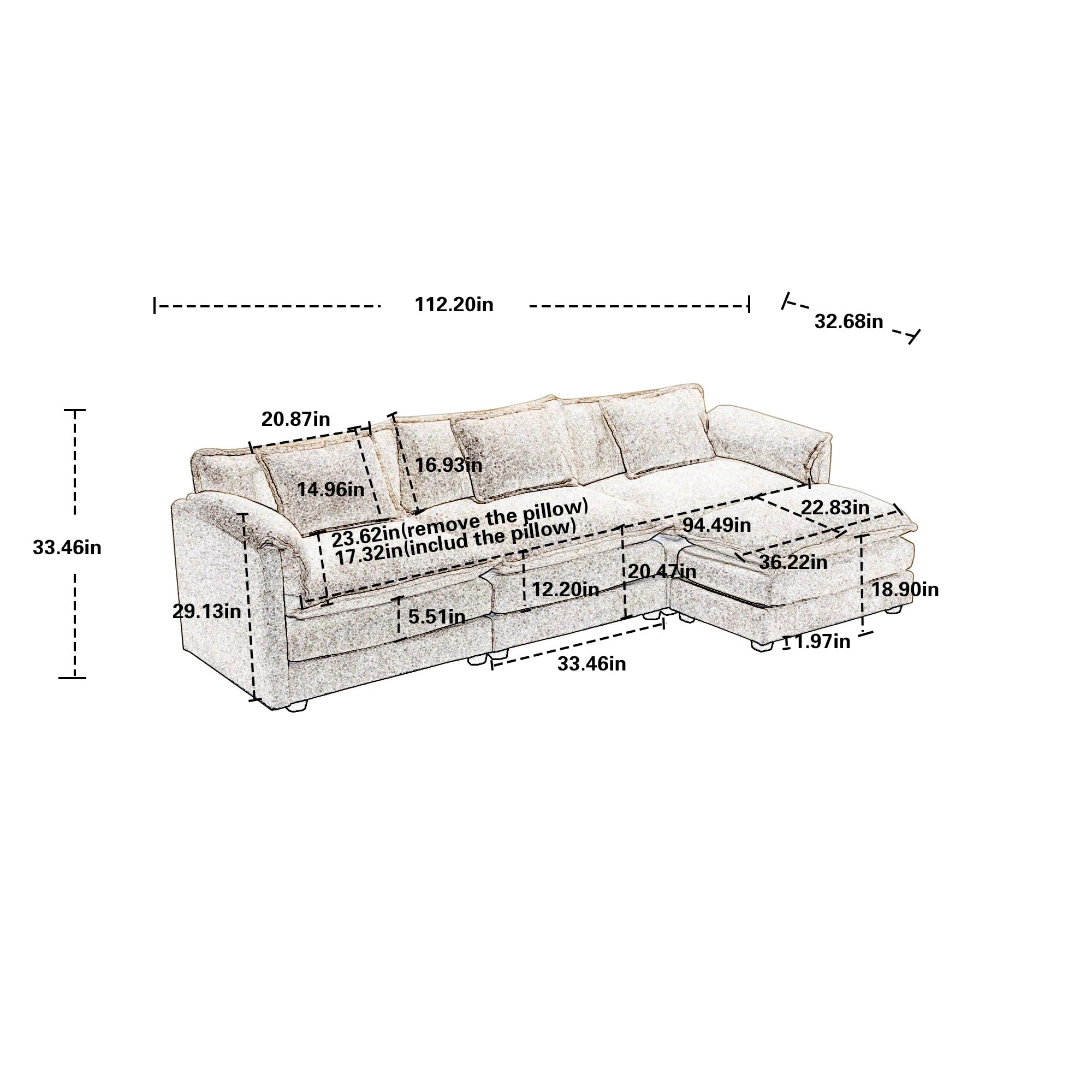 NDPQN 112" Oversized Sectional Sofa, Modern Boucle L Shaped Couch, Comfy Modular Sofa Sleeper with Moveable Ottoman & Memory Foam, Cloud Couch for Living Room (Yellow)