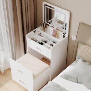 clicliet small vanity with mirror and lights, 3 in 1 vanity desk with plip top and visible glass desktop, compact makeup vanity with 2 drawers & 1 cushioned storage vanity chair, for bedroom