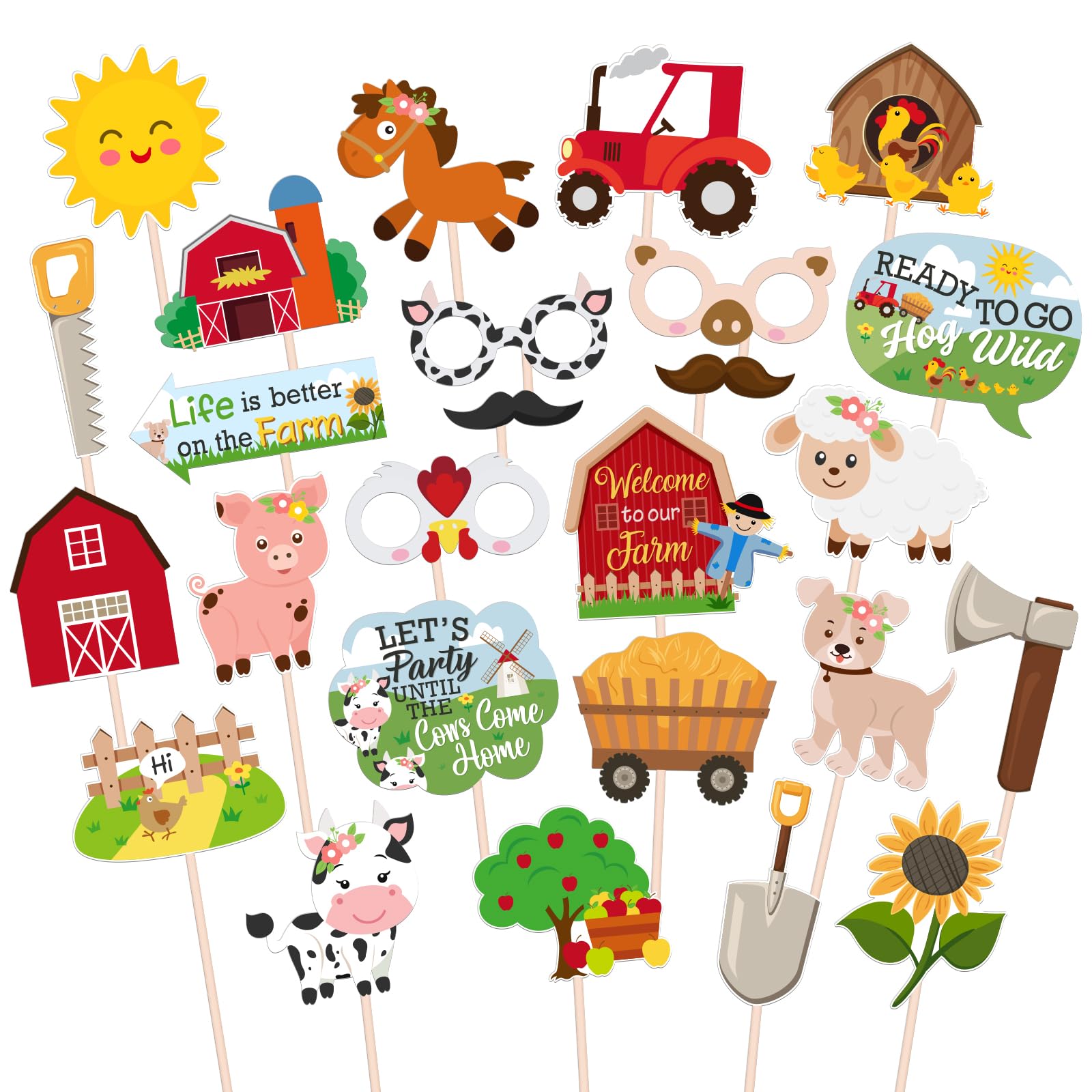 Maicaiffe Farm Animals Photo Booth Props - 26 Pcs Kid's Birthday Selfie Props Favors Supplies - Barnyard Baby Shower Party Centerpiece Sticks - Wedding Bridal Shower Party Decorations