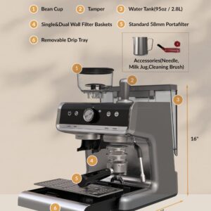 SPORTY&FIT Semi-Automatic Espresso Machine With Grinder, 20 Bar Espresso Maker Coffee Machine Cappuccino Machine with Milk Frother & 95oz Removable Water Tank for Home Office (Light Grey)