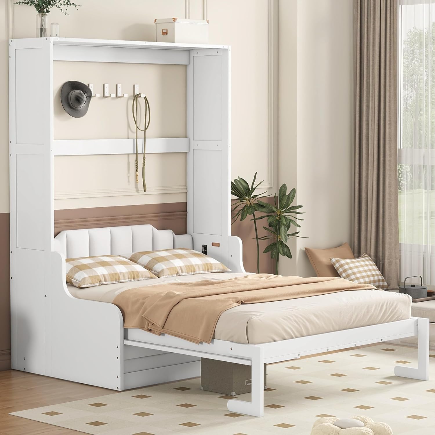 MERITLINE Queen Murphy Bed with Sofa,Wood Murphy Bed Cabinet with Couch,Folding Murphy Wall Bed Queen Size (White)