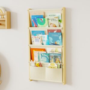 wood 4-tier wall mounted kids bookshelf – floating book shelf for kids rooms,nursery & classroom, hanging bookcase organizer for books, nursery shelves, toddler book shelf, montessori bookshelf