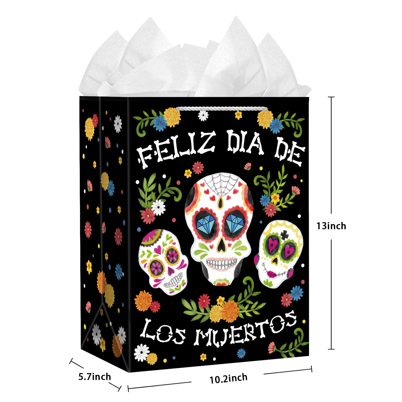 JUESMOS Day of The Dead Gift Bags with Tissue Paper Halloween Treat Bags Sugar Skull Day of The Dead Party Paper Bags Goodie Bags for Day of The Dead Party Favors Decorations Mexican Fiesta Supplies