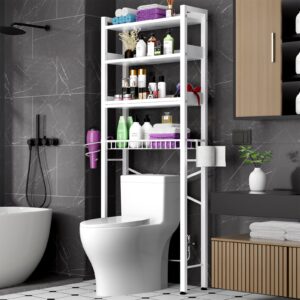 over the toilet storage cabinet,4 tier bathroom organizer and storage with adjustable shelf waterproof feet pad and basket multifunctional space saver freestanding bathroom shelves with dividers white