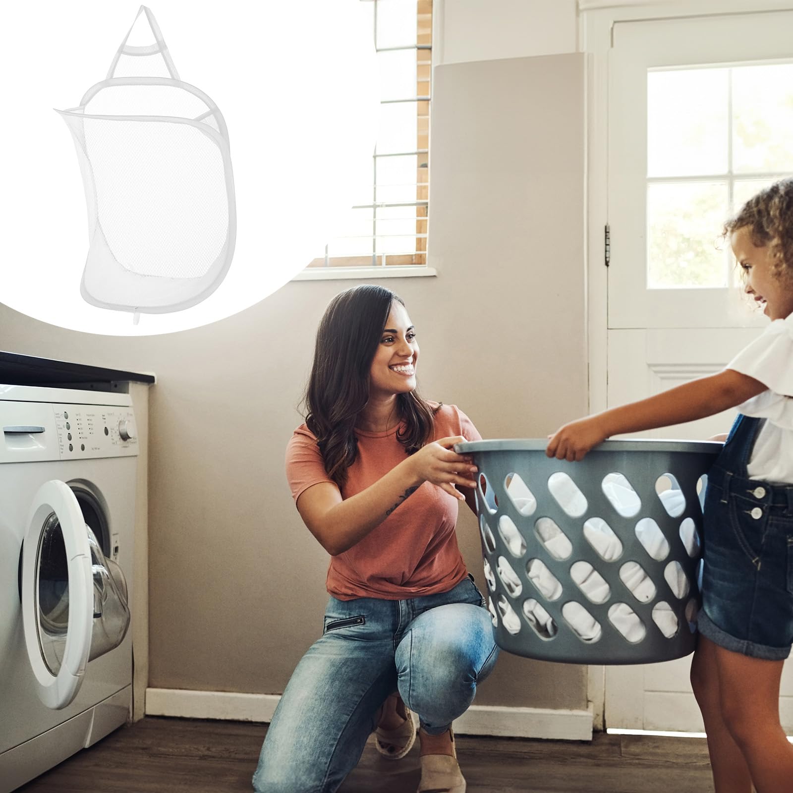 Molain Mesh Collapsible Small Wall Laundry Baskets, Hanging Laundry Hamper Hanging Clothes Hamper Baskets for Home Hotel Travel Camping University Dormitory(White+Grey)